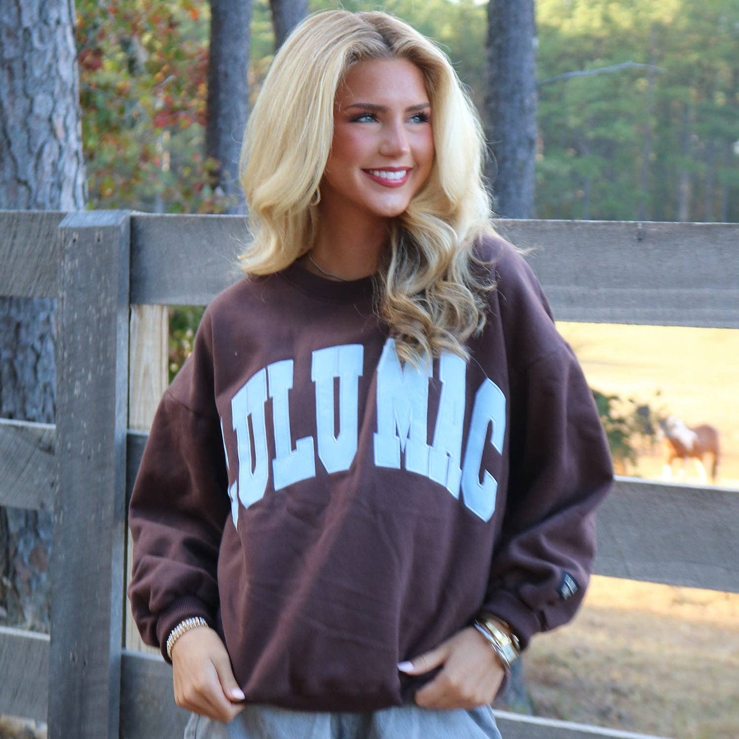 Lulu Mac Sweatshirt Brown with Light Blue Embroidery — Barlow Blue