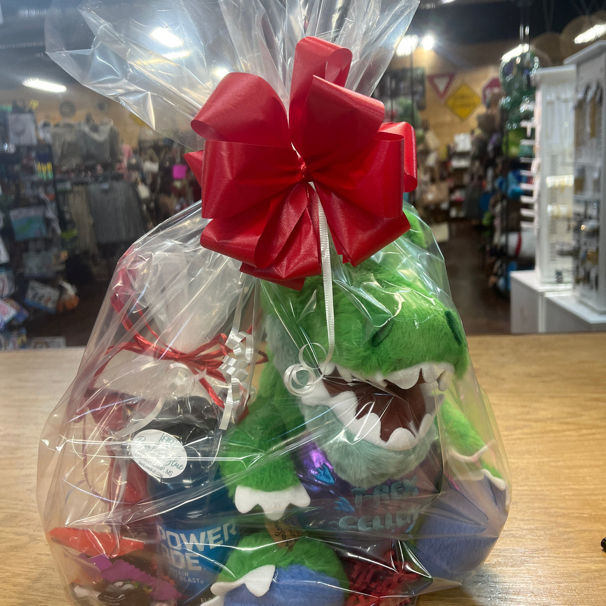 Ready to go Valentine Basket - Stuffed T-Rex with Blue Powerade Snack ...