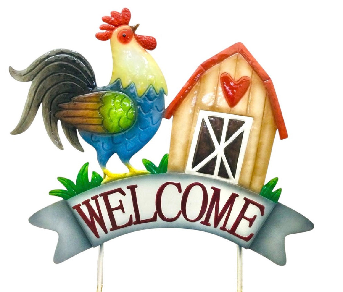 Rooster & Barn with Welcome Sign. Metal Yard Art Sign. 31” x 27 ...