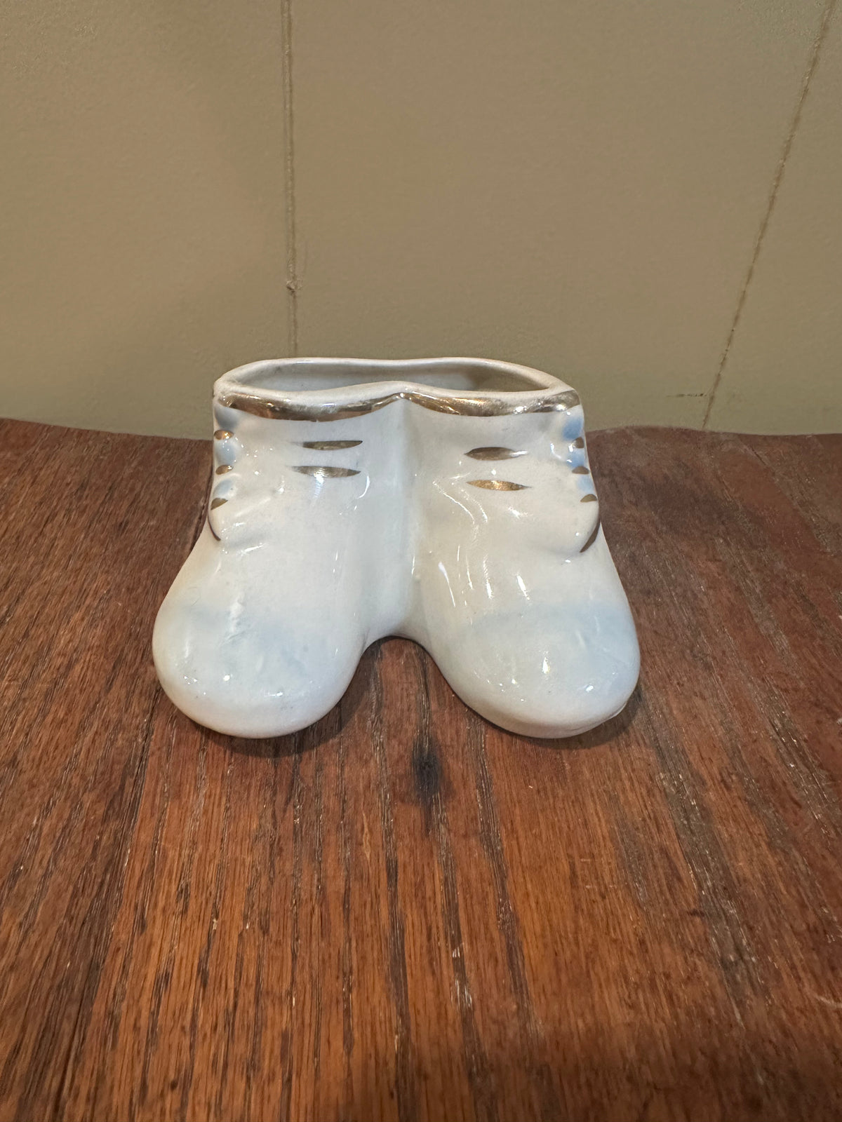 Vintage Ceramic Baby Booties with Blue Accents and Gold Trim — Barlow Blue