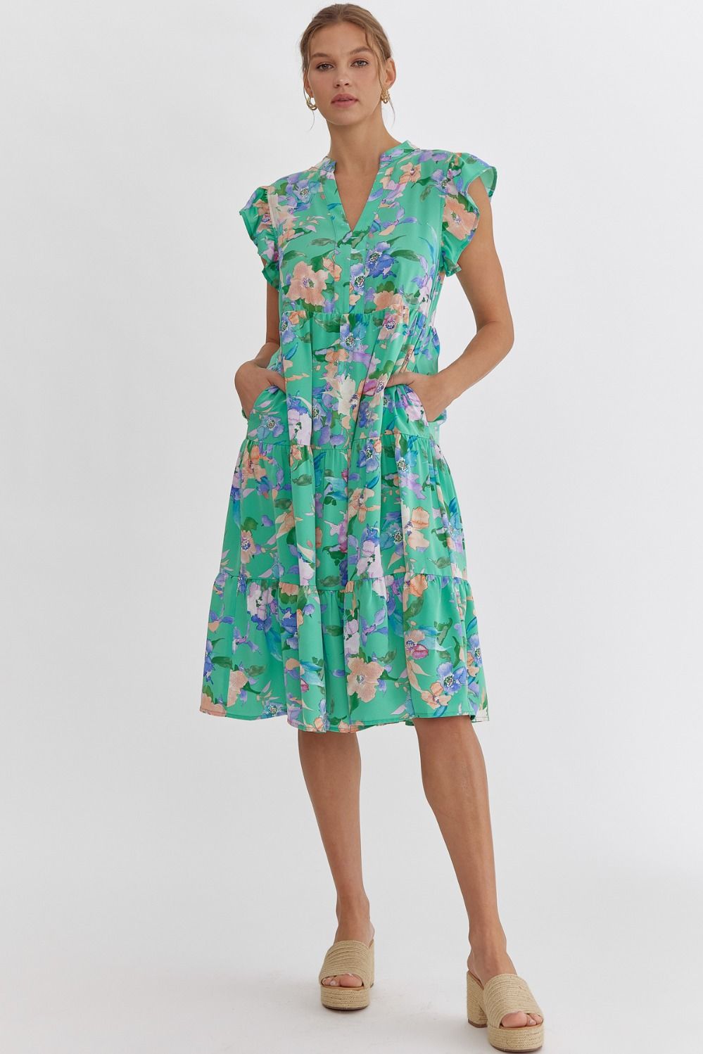 Green Floral Print Ruffled Sleeve Midi Dress — Barlow Blue